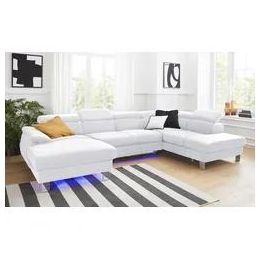 Wohnlandschaft COTTA "Komaris U-Form" Sofas Gr. B: 320 cm, Kunstleder SOFTLUX, Ottomane rechts, mit Bettfunktion-mit Bettkasten-mit RGB-LED-Beleuchtung-mit Kopfteilverstellung, weiß (white) inklusive Kopfteilverstellung, wahlweise mit Bettfunktion und RGB-LED