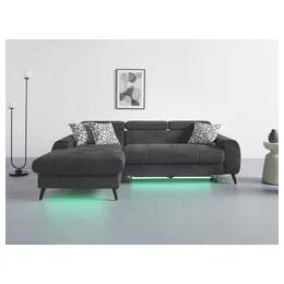 Ecksofa COTTA "Mia L-Form" Sofas Gr. B/H/T: 236cm x 74cm x 164cm, Chenille, Recamiere links, Ohne Bettfunktion-ohne Bettkasten-mit RGB-LED-Beleuchtung-ohne Wireless Charger, grau (charcoal) 3-tlg.-Kissen-Set, Recamiere, wahlweise mit oder ohne RGB-Beleuchtung