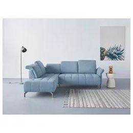 Ecksofa Inosign "Fresh L-Form" Sofas Gr. B/H/T: 260cm x 79cm x 220cm, Olympia EASY CLEAN, Ottomane links, mit Armteilverstellung-mit Kopfteilverstellung-mit Vorziehsitz motorisch, blau (hellblau) Federkern, wahlweise Kopfteilverstellung und motorischer Vorziehsitz