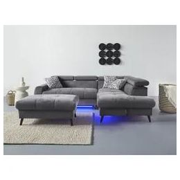 Ecksofa COTTA "Mia L-Form" Sofas Gr. B/H/T: 244cm x 74cm x 193cm, Chenille, Ottomane rechts, Ohne Bettfunktion-ohne Bettkasten-mit RGB-LED-Beleuchtung-mit Wireless Charger, grau (stone) 3-tlg.-Kissen-Set, Ottomane, wahlweise mit oder ohne RGB-Beleuchtung