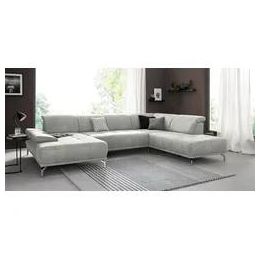 Wohnlandschaft Places of Style "Caluna U-Form" Sofas Gr. B/H/T: 332 cm x 81 cm x 234 cm, Luxus-Microfaser Vintageoptik, Recamiere links, grau (hellgrau) mit Sitztiefen- und Kopfteilverstellung