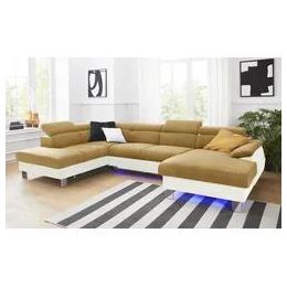 Wohnlandschaft COTTA "Komaris U-Form" Sofas Gr. B: 320 cm, Kunstleder SOFTLUX-Struktur, Ottomane links, ohne Bettfunktion-ohne Bettkasten-mit RGB-LED-Beleuchtung-mit Kopfteilverstellung, beige (creme, mustard) inklusive Kopfteilverstellung, wahlweise mit Bettfunktion und RGB-LED