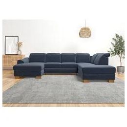 Wohnlandschaft Home Affaire "Dundee U-Form" Sofas Gr. B/H/T: 338 cm x 86 cm x 219 cm, Flachgewebe, Ottomane rechts, ohne Kopfteilverstellung-ohne Bettfunktion-ohne Stauraum-ohne Relax Funktion in der Recamiere, blau (graublau) wahlweise mit Kopfteilverstellung und zusätzlich Bettfunktion