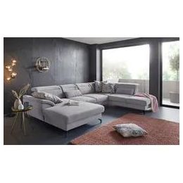 Sit & More Wohnlandschaft SIT & MORE "Percy U-Form" Sofas Gr. B/H/T: 343cm x 77cm x 235cm, Luxus-Microfaser Paris, Recamiere links, mit schwarzem Nickelfuß, weiß (silber) 12 cm Fußhöhe, Sitztiefenverstellung, wahlweise in 2 Fußfarben