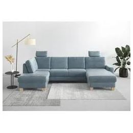 Wohnlandschaft Home Affaire "Summer U-Form" Sofas Gr. B/H/T: 314 cm x 91 cm x 170 cm, Breitcord, Recamiere rechts, ohne Bettfunktion-ohne Bettkasten-mit Federkern, blau (blau, grau) mit oder ohne Bettfunktion und Bettkasten, Cord-Bezug