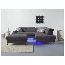 Ecksofa COTTA "Mia L-Form" Sofas Gr. B/H/T: 244cm x 74cm x 193cm, Microfaser, Ottomane rechts, Mit Bettfunktion-mit Bettkasten-mit RGB-LED-Beleuchtung-mit Wireless Charger, braun (mud) 3-tlg.-Kissen-Set, Ottomane, wahlweise mit oder ohne RGB-Beleuchtung