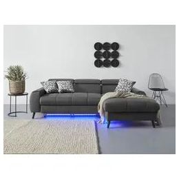 Ecksofa COTTA "Mia L-Form" Sofas Gr. B/H/T: 236cm x 74cm x 164cm, Flachgewebe, Recamiere rechts, Ohne Bettfunktion-ohne Bettkasten-mit RGB-LED-Beleuchtung-ohne Wireless Charger, grau (dark grey) 3-tlg.-Kissen-Set, Recamiere, wahlweise mit oder ohne RGB-Beleuchtung