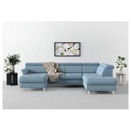 Sit & More Wohnlandschaft SIT & MORE "Marano U-Form", blau (hellblau), B:304cm T:216cm, 98% Polyester, 2% Polyamid, Sofas, inklusive Kopfteilverstellung, wahlweise mit Bettfunktion, Bettkasten