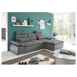 Ecksofa ED EXCITING DESIGN "Jakarta L-Form" Sofas Gr. B/H/T: 268cm x 103cm x 170cm, Webstoff-Kunstleder, Recamiere rechts, grau mit Bettfunktion, Kopfstützen, Nierenkissen, Armteilverstellung