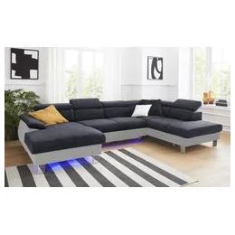 Wohnlandschaft COTTA "Komaris U-Form" Sofas Gr. B: 320 cm, Kunstleder SOFTLUX-Struktur, Ottomane rechts, ohne Bettfunktion-ohne Bettkasten-mit RGB-LED-Beleuchtung-mit Kopfteilverstellung, grau (argent, black) inklusive Kopfteilverstellung, wahlweise mit Bettfunktion und RGB-LED