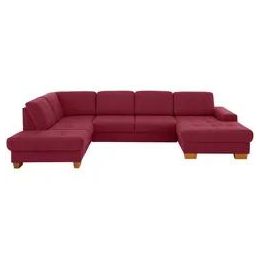 Wohnlandschaft Home Affaire "Puccini U-Form" Sofas Gr. B/H/T: 340cm x 86cm x 224cm, Luxus-Microfaser, Ottomane links, ohne Bettfunktion-ohne Stauraum, rot (bordeaux) mit Federkern, Sitztiefenverstellung, Kontrastnaht