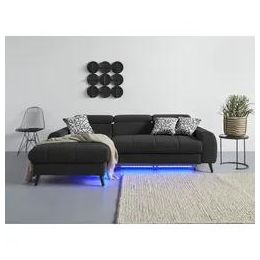 Ecksofa COTTA "Mia L-Form" Sofas Gr. B/H/T: 236cm x 74cm x 164cm, Flachgewebe, Recamiere links, Ohne Bettfunktion-ohne Bettkasten-mit RGB-LED-Beleuchtung-ohne Wireless Charger, grau (charcoal) 3-tlg.-Kissen-Set, Recamiere, wahlweise mit oder ohne RGB-Beleuchtung