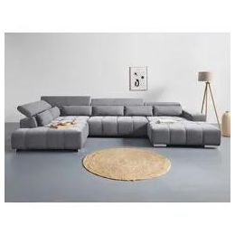 Wohnlandschaft COTTA "Orion U-Form" Sofas Gr. B/H/T: 409cm x 73cm x 225cm, Chenille, Ottomane links-Recamiere rechts, grau (stone) inkl. Kopfteilverstellung und Zierkissen