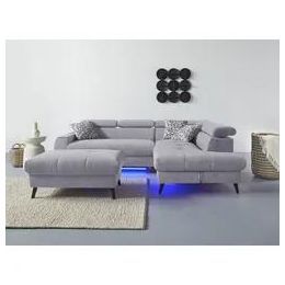 Ecksofa COTTA "Mia L-Form" Sofas Gr. B/H/T: 244cm x 74cm x 193cm, Microfaser, Ottomane rechts, Mit Bettfunktion-mit Bettkasten-mit RGB-LED-Beleuchtung-mit Wireless Charger, grau (stone) 3-tlg.-Kissen-Set, Ottomane, wahlweise mit oder ohne RGB-Beleuchtung