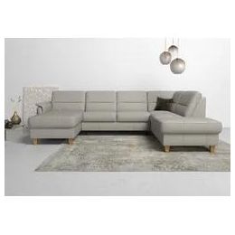 Wohnlandschaft Home Affaire "Palmera U-Form" Sofas Gr. B/H/T: 308cm x 89cm x 212cm, NaturLEDER, Ottomane rechts, mit Bettfunktion-mit Bettkasten-Bett mit Leder bezogen, grau (lightgrey) Federkern, wahlweise mit Bettfunktion und mitohne Stauraum