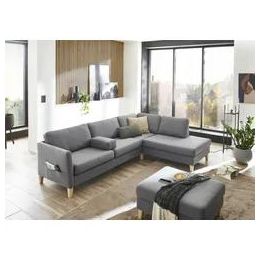 Ecksofa ATLANTIC HOME COLLECTION "Mailo L-Form" Sofas Gr. B/H: 255cm x 82cm, Feinstruktur, Ottomane rechts, grau mit Seitentaschen und Ottomane, Massivholzfüßen