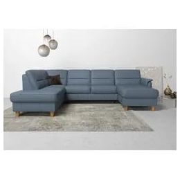 Wohnlandschaft Home Affaire "Palmera U-Form" Sofas Gr. B/H/T: 308 cm x 89 cm x 212 cm, NaturLEDER, Ottomane links, mit Bettfunktion-mit Bettkasten-Bett mit Leder bezogen, blau (grey, blau) Federkern, wahlweise mit Bettfunktion und mitohne Stauraum