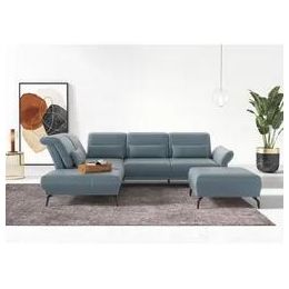 Ecksofa Inosign "Coco L-Form" Sofas Gr. B/H/T: 294cm x 88cm x 242cm, Breitcord, Ottomane links, mit Sitztiefenverstellung-mit Armteilverstellung-mit Kopfteilverstellung-mit Federkern, blau (blau, grau) Sitztiefen-, Arm- und Kopfteilverstellung, Cord-Bezug, Fußhöhe 15 cm