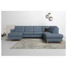 Wohnlandschaft Home Affaire "Palmera U-Form" Sofas Gr. B/H/T: 308 cm x 89 cm x 212 cm, NaturLEDER, Ottomane rechts, mit Bettfunktion-mit Bettkasten-Bett im Stoff bezogen, blau (grey, blau) Federkern, wahlweise mit Bettfunktion und mitohne Stauraum