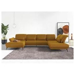 Wohnlandschaft Inosign "Coco U-Form" Sofas Gr. B/H/T: 382cm x 88cm x 242cm, Breitcord, mega-Recamiere links, ohne Sitztiefenverstellung-ohne Armteilverstellung-ohne Kopfteilverstellung-ohne Federkern, gelb (mustard) Sitztiefen-, Arm- und Kopfteilverstellung, Cord-Bezug, Fußhöhe 15 cm