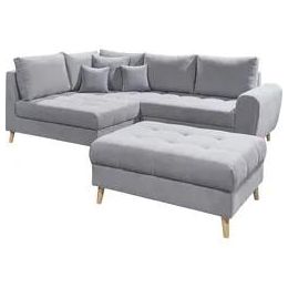 Ecksofa ED EXCITING DESIGN "Alice L-Form" Sofas Gr. B/H/T: 249cm x 94cm x 175cm, Microvelours, Recamiere links, grau (hellgrau) mit Hocker, Rückenkissen, Zierkissen, frei im Raum stellbar