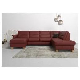 Wohnlandschaft Home Affaire "Palmera U-Form" Sofas Gr. B/H/T: 308 cm x 89 cm x 212 cm, NaturLEDER, Ottomane rechts, ohne Bettfunktion-ohne Bettkasten-Rücken mit Leder bezogen, rot (merlot) Federkern, wahlweise mit Bettfunktion und mitohne Stauraum