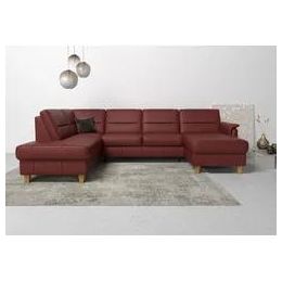 Wohnlandschaft Home Affaire "Palmera U-Form" Sofas Gr. B/H/T: 308cm x 89cm x 212cm, NaturLEDER, Ottomane links, mit Bettfunktion-mit Bettkasten-Bett mit Leder bezogen, rot (merlot) Federkern, wahlweise mit Bettfunktion und mitohne Stauraum