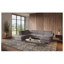 Wohnlandschaft Home Affaire "Calypso U-Form" Sofas Gr. B/H/T: 334 cm x 85 cm x 227 cm, Luxus-Microfaser, Ottomane links, mit Kopfteilverstellung-mit Armteilverstellung-mit Bett-ohne Bettkasten-mit Relax motorisch-mit Stauraum, grau (hellgrau) wahlweise mit motorischer Relaxfunktion