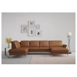 Sit & More Wohnlandschaft SIT & MORE "Fashion U-Form" Sofas Gr. B/H/T: 338cm x 84cm x 207cm, Luxus-Microfaser mit Prägung, Ottomane links, mit Kopfteilverstellung, braun (cognac) wahlweise mit Kopfteilverstellung, Vorziehsitz, motorisch, Nickelfüße