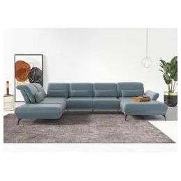 Wohnlandschaft Inosign "Coco U-Form" Sofas Gr. B/H/T: 382 cm x 88 cm x 242 cm, Breitcord, mega-Recamiere rechts, mit Sitztiefenverstellung-mit Armteilverstellung-mit Kopfteilverstellung-mit Federkern, blau (blau, grau) Sitztiefen-, Arm- und Kopfteilverstellung, Cord-Bezug, Fußhöhe 15 cm