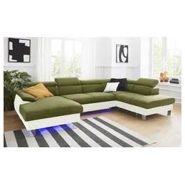 Wohnlandschaft COTTA "Komaris U-Form" Sofas Gr. B: 320 cm, Kunstleder SOFTLUX-Struktur, Ottomane rechts, ohne Bettfunktion-ohne Bettkasten-ohne RGB-LED-Beleuchtung-mit Kopfteilverstellung, grün (creme, green) inklusive Kopfteilverstellung, wahlweise mit Bettfunktion und RGB-LED