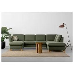 Wohnlandschaft Home Affaire "Trelleborg U-Form" Sofas Gr. B/H/T: 307 cm x 86 cm x 213 cm, Feincord, Ottomane rechts, ohne Bettfunktion-ohne Stauraum, grün (olive) wahlweise mit Bettfunktion und Bettkasten, inkl. Federkern-Polsterung