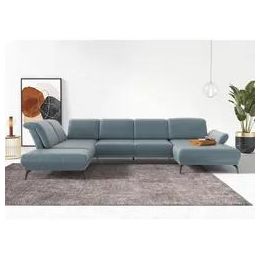 Wohnlandschaft Inosign "Coco U-Form" Sofas Gr. B/H/T: 382 cm x 88 cm x 242 cm, Breitcord, mega-Recamiere rechts, ohne Sitztiefenverstellung-ohne Armteilverstellung-ohne Kopfteilverstellung-mit Federkern, blau (blau, grau) Sitztiefen-, Arm- und Kopfteilverstellung, Cord-Bezug, Fußhöhe 15 cm