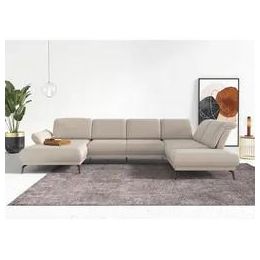 Wohnlandschaft Inosign "Coco U-Form" Sofas Gr. B/H/T: 382cm x 88cm x 242cm, Breitcord, mega-Recamiere links, mit Sitztiefenverstellung-mit Armteilverstellung-mit Kopfteilverstellung-ohne Federkern, beige (creme) Sitztiefen-, Arm- und Kopfteilverstellung, Cord-Bezug, Fußhöhe 15 cm