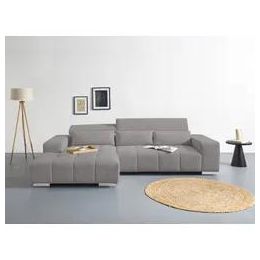 Ecksofa COTTA "Orion L-Form" Sofas Gr. B/H/T: 307cm x 73cm x 186cm, Microfaser, Recamiere links, grau (stone) mit Recamiere, inkl. verstellbaren Kopfstützen und 3 Kissen