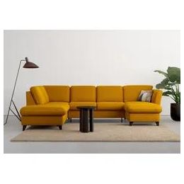 Wohnlandschaft Home Affaire "Trelleborg U-Form" Sofas Gr. B/H/T: 307 cm x 86 cm x 213 cm, Cord, Ottomane links, mit Bettfunktion-mit Stauraum, gelb (mustard) wahlweise mit Bettfunktion und Bettkasten, inkl. Federkern-Polsterung