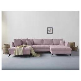 Wohnlandschaft Inosign "Lörby U-Form" Sofas Gr. B/H/T: 339 cm x 90 cm x 190 cm, Luxus-Microfaser weich, Ottomane links, Luxus Microfaser weich, rosa (flamingo) auch mit Aqua clean-Bezug, feine Steppung im Sitzbereich, lose Kissen