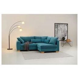 Ecksofa Home Affaire "Helena II, L-Form" Sofas Gr. B/H/T: 227 cm x 77 cm x 190 cm, Aqua Clean Pascha, Ottomane rechts, mit Bettfunktion, blau (petrol) Mit Federkern, wahlweise mit Bett und Taschenfederkern