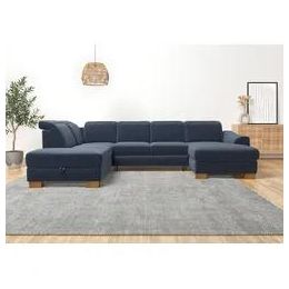 Wohnlandschaft Home Affaire "Dundee U-Form" Sofas Gr. B/H/T: 338 cm x 86 cm x 219 cm, Flachgewebe, Ottomane links, mit Bettfunktion-mit Stauraum-mit Kopfteilverstellung, blau (graublau) wahlweise mit Kopfteilverstellung und zusätzlich Bettfunktion