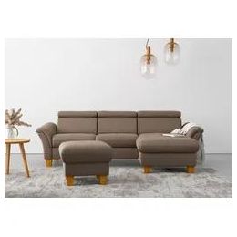 Ecksofa Home Affaire "Lindgren L-Form" Sofas Gr. B/H/T: 258cm x 84cm x 169cm, Luxus-Microfaser Florence, Recamiere rechts, mit Bettfunktion mit einklappbaren Rollen-mit Relaxfunktion motorisch im Recamiere-mit Kopfteilverstellung-ohne Bettkasten-mit Federkern, braun (nuss) wahlweise mit Bett klappbaren Rollen, Kasten und Kopfverstellung