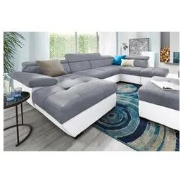 Wohnlandschaft COTTA "Speedway U-Form" Sofas Gr. B/H/T: 332cm x 79cm x 102cm, Kunstleder SOFTLUX-Luxus-Microfaser, Recamiere links, ohne Bettfunktion-ohne Bettkasten-mit Kopfteilverstellung, grau (weiß, grau) wahlweise mit Bettfunktion und Bettkasten