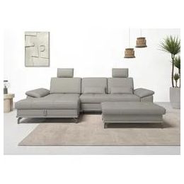 Ecksofa Places of Style "Costello L-Form" Sofas Gr. B/H/T: 301 cm x 89 cm x 176 cm, NaturLEDER, Recamiere links, mit Bettfunktion-mit Bettkasten-Bett mit Leder bezogen, grau (hellgrau) incl. Sitztiefenverstellung und Armlehnfunktion, 3 Nierenkissen