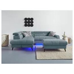 Ecksofa COTTA "Mia L-Form" Sofas Gr. B/H/T: 244cm x 74cm x 193cm, Flachgewebe, Ottomane links, Ohne Bettfunktion-ohne Bettkasten-mit RGB-LED-Beleuchtung-mit Wireless Charger, grau (niagara) 3-tlg.-Kissen-Set, Ottomane, wahlweise mit oder ohne RGB-Beleuchtung