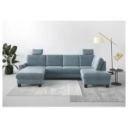 Wohnlandschaft Home Affaire "Summer U-Form" Sofas Gr. B/H/T: 314 cm x 91 cm x 170 cm, Breitcord, Recamiere links, ohne Bettfunktion-ohne Bettkasten-mit Federkern, blau (blau, grau) mit oder ohne Bettfunktion und Bettkasten, wengefarbene Holzfüße