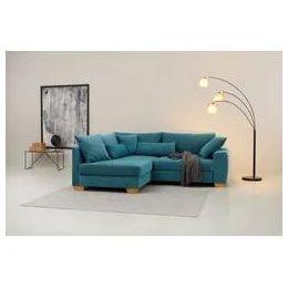 Ecksofa Home Affaire "Helena II, L-Form" Sofas Gr. B/H/T: 227 cm x 77 cm x 190 cm, Aqua Clean Pascha, Ottomane links, ohne Bettfunktion, blau (petrol) Mit Federkern, wahlweise mit Bett und Taschenfederkern