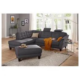 Ecksofa Home Affaire "Trondheim L-Form" Sofas Gr. B/H/T: 260cm x 89cm x 214cm, Flachgewebe, Ottomane links, mit Vorziehfunktion-mit Stauraum, grau (anthrazit) mit Federkern und Knopfheftung im Rücken, Füße Buche dunkel