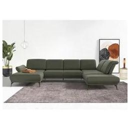 Wohnlandschaft Inosign "Coco U-Form" Sofas Gr. B/H/T: 382 cm x 88 cm x 242 cm, Feincord, mega-Recamiere links, mit Sitztiefenverstellung-mit Armteilverstellung-mit Kopfteilverstellung-ohne Federkern, grün (olive) Sitztiefen-, Arm- und Kopfteilverstellung, Cord-Bezug, Fußhöhe 15 cm