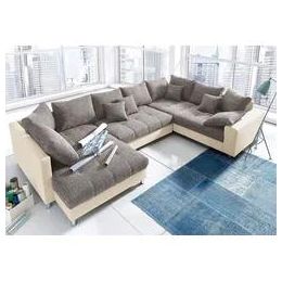 Wohnlandschaft MR. COUCH "Tobi U-Form" Sofas Gr. B/H/T: 339cm x 75cm x 105cm, Microfaser PRIMABELLE-Struktur, Recamiere links, ohne Funktion, grau (ivory/grau-ecru) wahlweise mit Kaltschaum (140kg BelastungSitz) und RGB-Beleuchtung