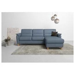 Ecksofa Home Affaire "Palmera L-Form" Sofas Gr. B/H/T: 244cm x 89cm x 163cm, NaturLEDER, Recamiere rechts, ohne Bettfunktion-ohne Bettkasten, blau (grau, blau) Federkern, wahlweise mit Bettfunktion und mitohne Bettkasten