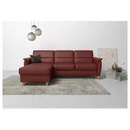 Ecksofa Home Affaire "Palmera L-Form" Sofas Gr. B/H/T: 244cm x 89cm x 163cm, NaturLEDER, Recamiere links, mit Bettfunktion-mit Bettkasten-Bett mit Leder bezogen, rot (merlot) Federkern, wahlweise mit Bettfunktion und mitohne Bettkasten